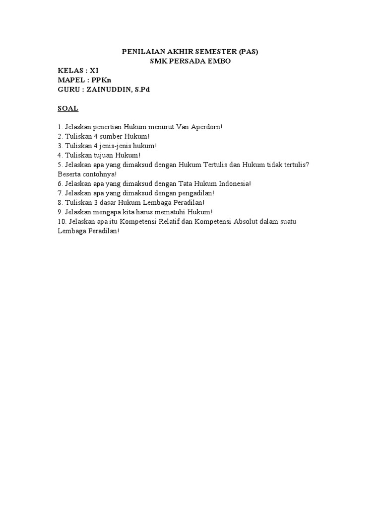 SOAL PPKN PAS SEMSTER 2 KELAS X DAN XI | PDF