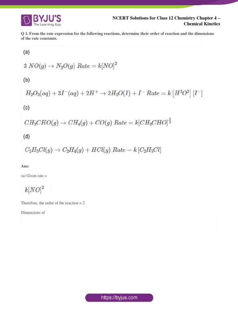 NCERT Solutions For Class 12 Chemistry Chapter 4 Chemical Kinetics | PDF | Reaction Rate ...