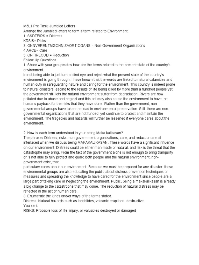 M5L1 Pre Task - Jumbled Letters Oral | PDF | Risk | Natural Disasters