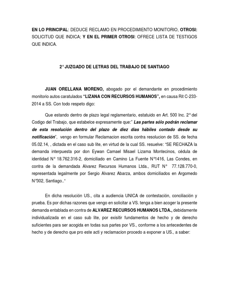 Reclama Procedimiento Monitorio | PDF | Demanda judicial | Principios ...