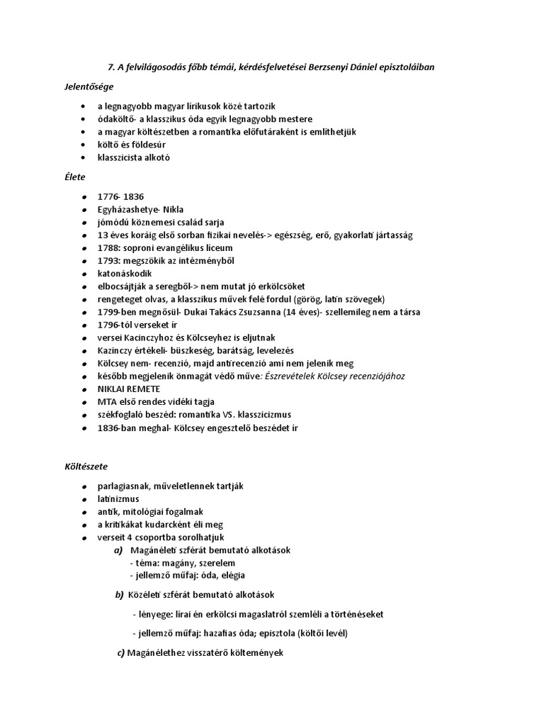 7. Irodalom Tétel (Berzsenyi Dániel) | PDF