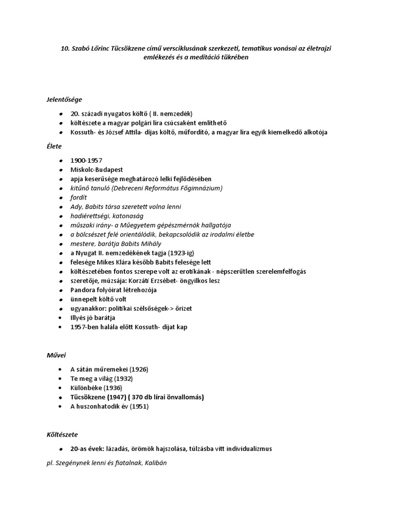 10. Irodalom Tétel (Szabó Lőrinc) | PDF