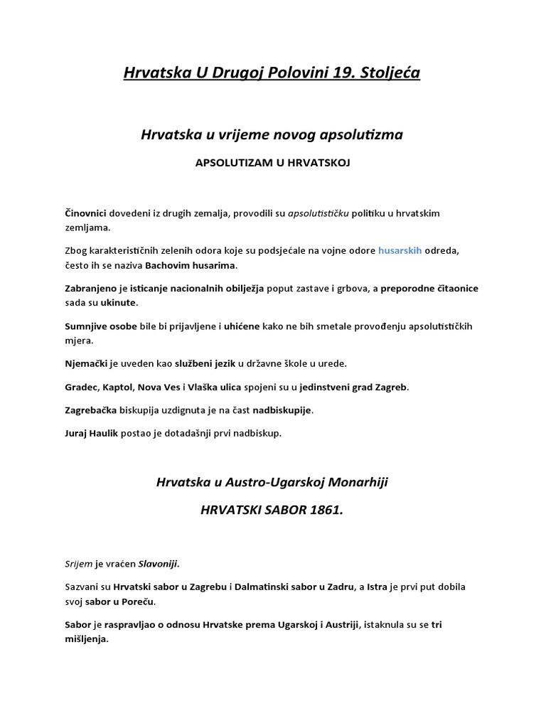 Povijest Hrvatska U Drugoj Polovini 19 Stoljecaa | PDF