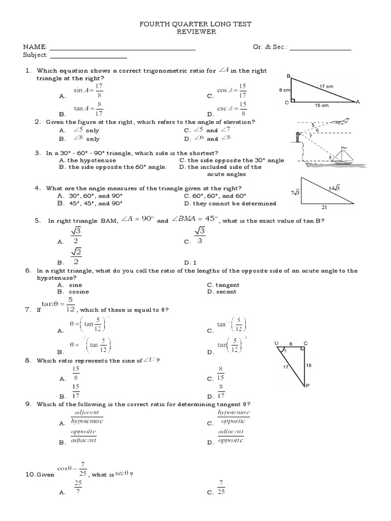 Fourth Quarter Long Testreviewer | PDF | Trigonometric Functions | Triangle