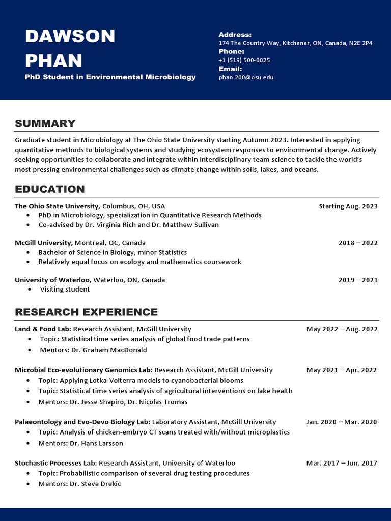 Dawsonphan CV June2023 Update | Download Free PDF | Statistics | Ecology