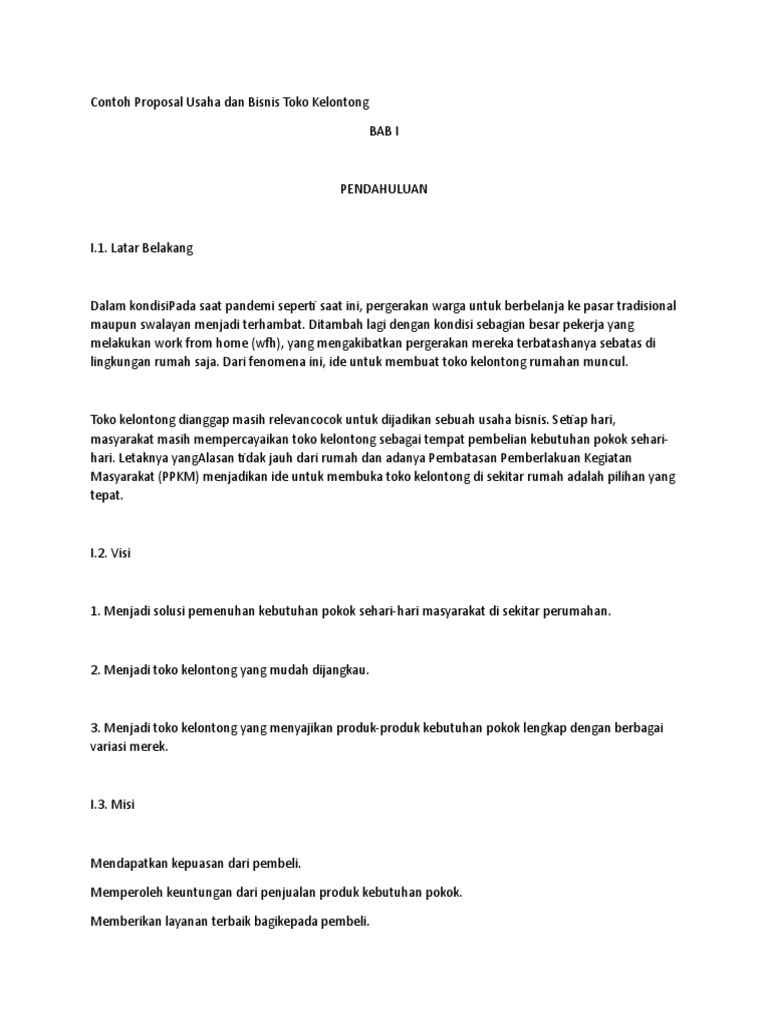 Contoh Proposal Usaha Dan Bisnis Toko Kelontong | PDF