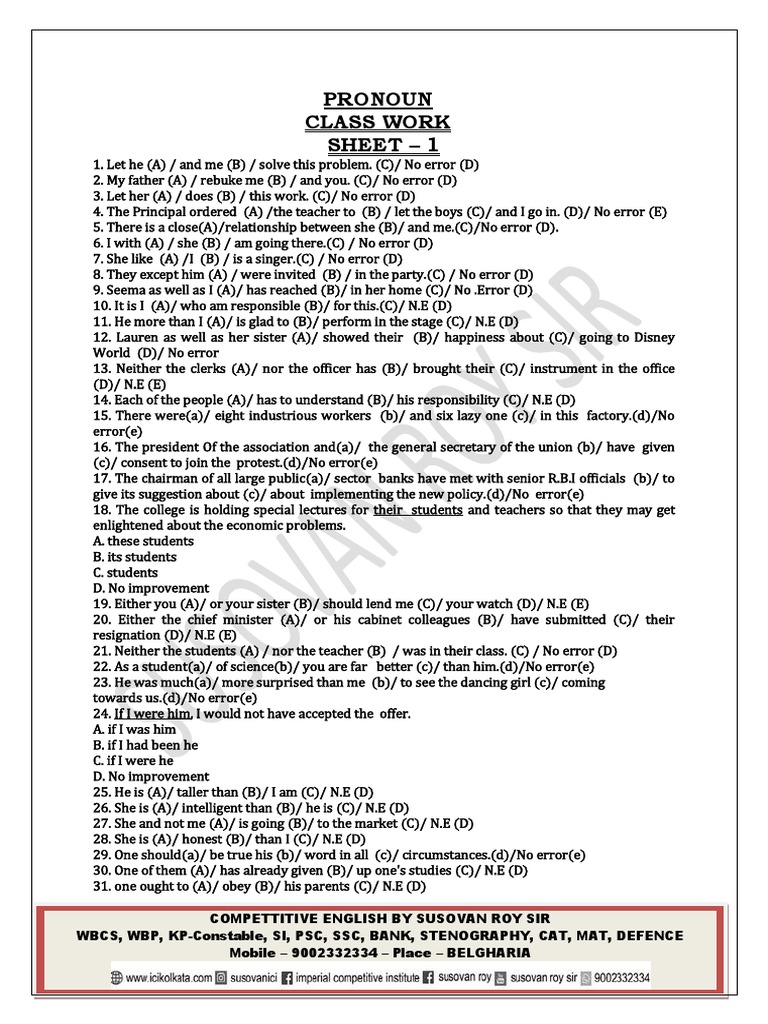 Pronoun Class Work Sheet 1 | PDF
