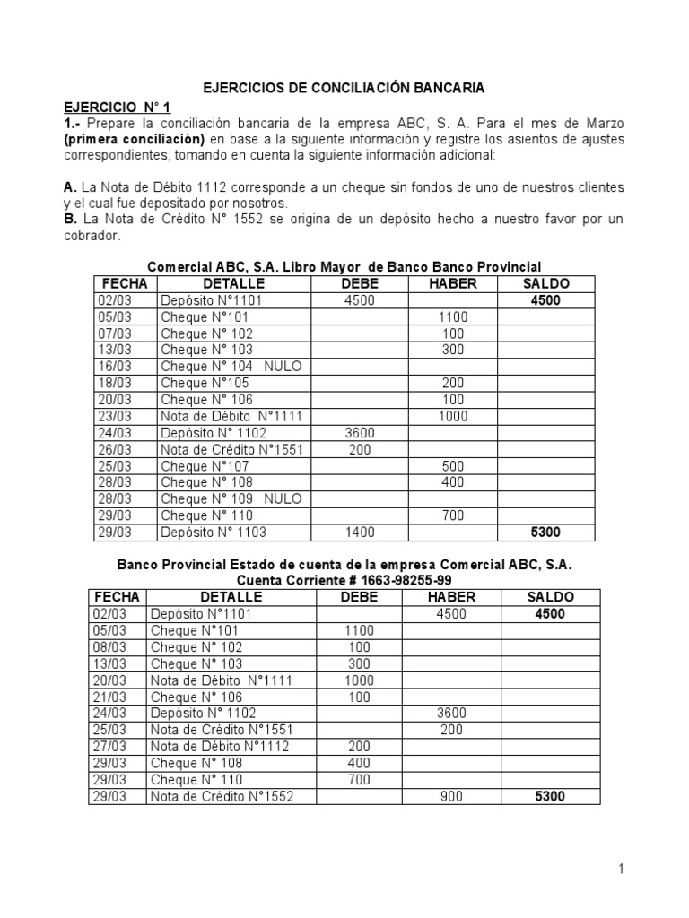Ejercicios de Conciliación Bancaria | PDF