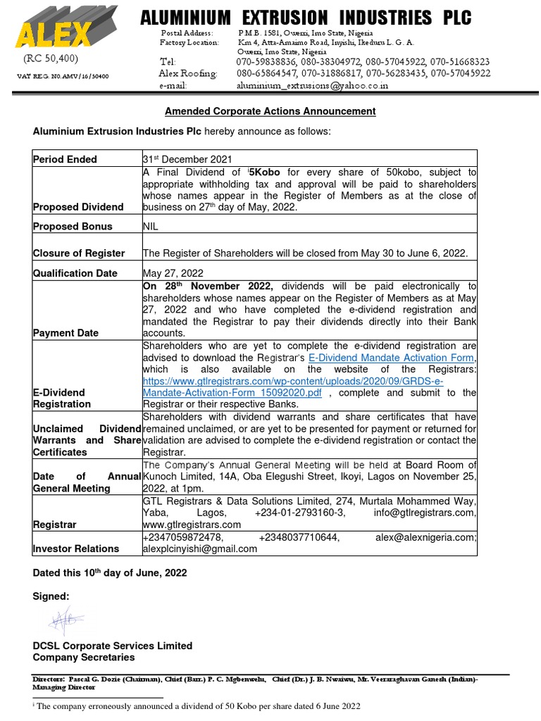 Aluminium - Extrusion - Ind - PLC Corporate - Actions - Announ | PDF | Dividend | Payments