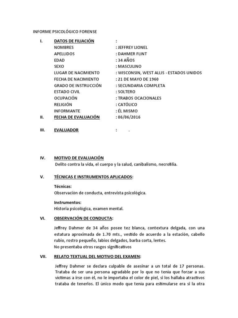 Informe psicológico -Forense-Jeffry-Dahmer | PDF