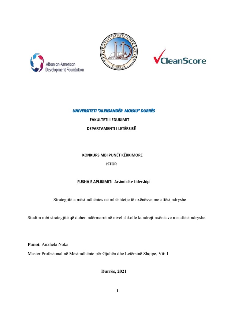 Fakulteti I Edukimit Departamenti I Letërsisë: Strategjitë e Mësimdhënies Në Mbështetje Të ...