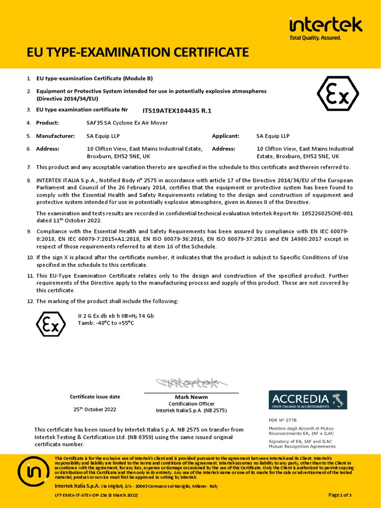 SA Equip SAF35 ITS SA CYCLONE EX ATEX Certificate | PDF | Electrical ...