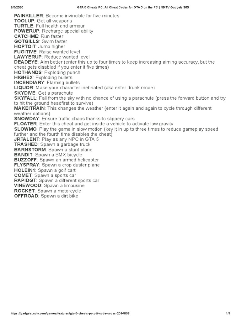 GTA 5 PC: Complete Cheat Codes List | PDF