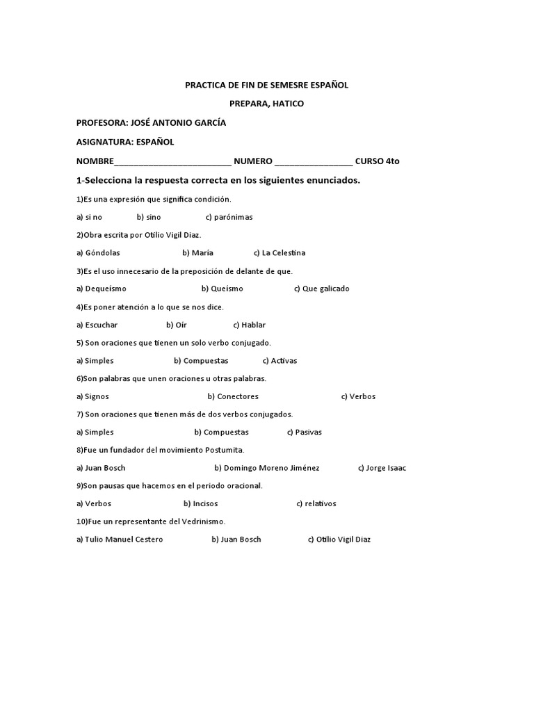 Examen Final de Español 4to Curso | PDF | Verbo | Lingüística