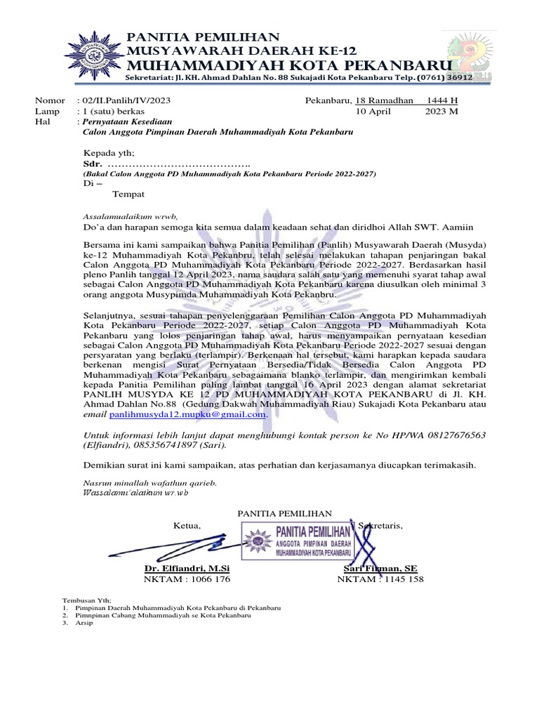 02 Surat Pernyataan Kesediaan Balon - PANLIH MUSYDA Ke12 PDF | PDF