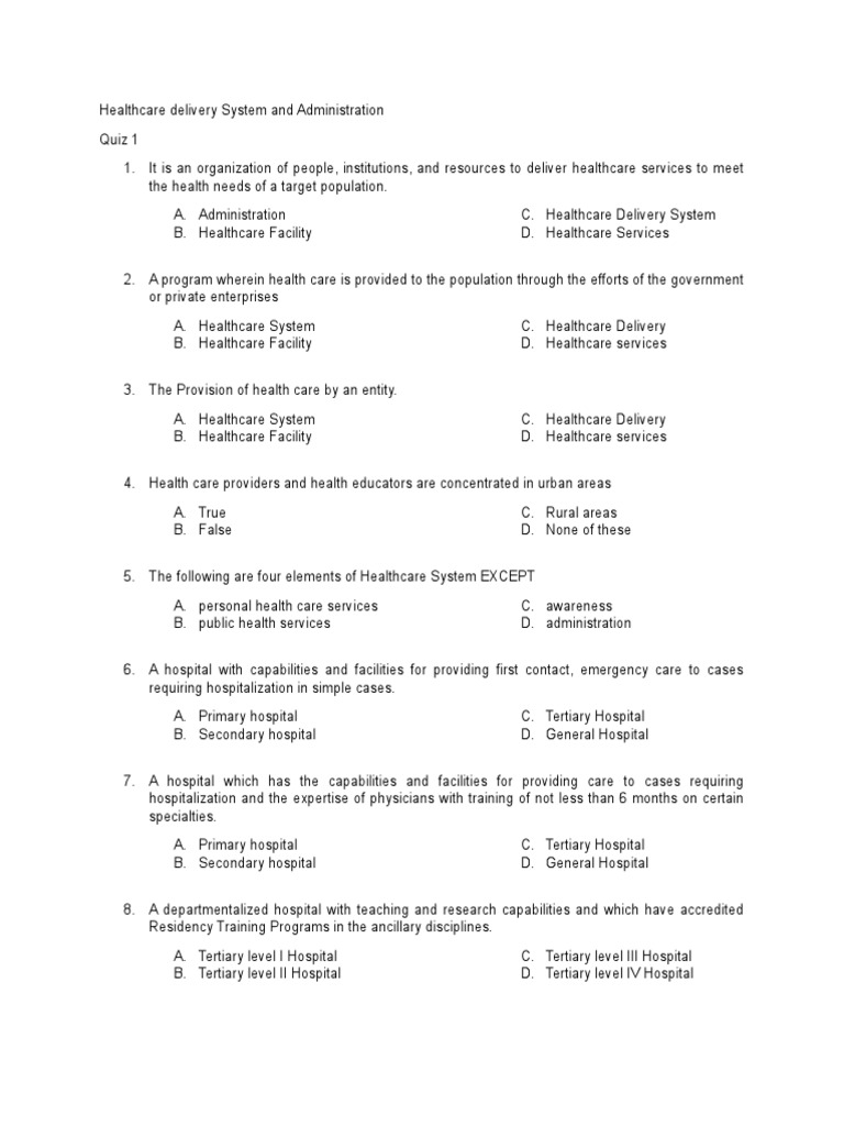 Healthcare Delivery System and Administration - QUIZ 1 | PDF | Health ...