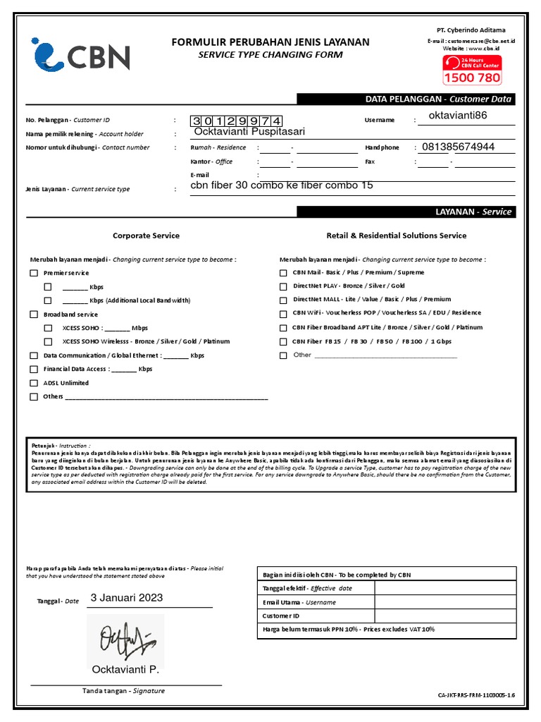 BGR-Formulir Perubahan Jenis Layanan-Rev 1.3 | PDF | Electronics | Wide Area Network