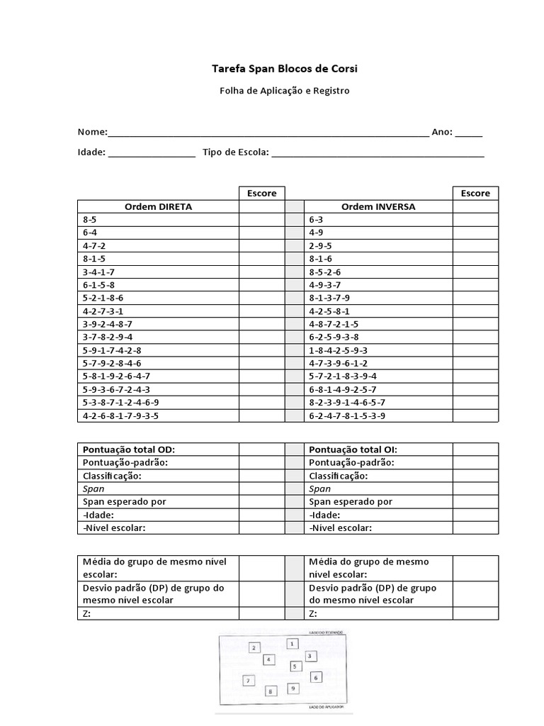 Tarefa Span Cubos de Corsi Folha Aplicação e Registro | PDF