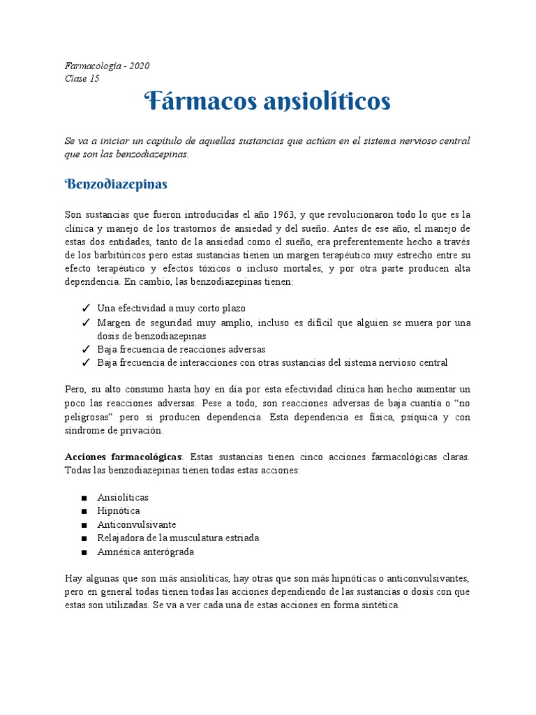 Fármacos Ansiolíticos e Hipnóticos (Benzodiazepinas) | PDF ...