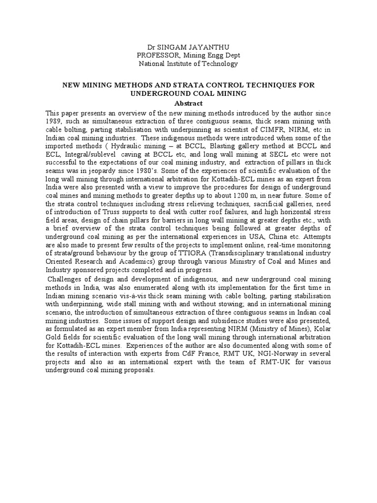 DR SINGAM JAYANTHU - Abstract - NEW MINING METHODS AND STRATA CONTROL TECHNIQUES FOR UNDERGROUND ...