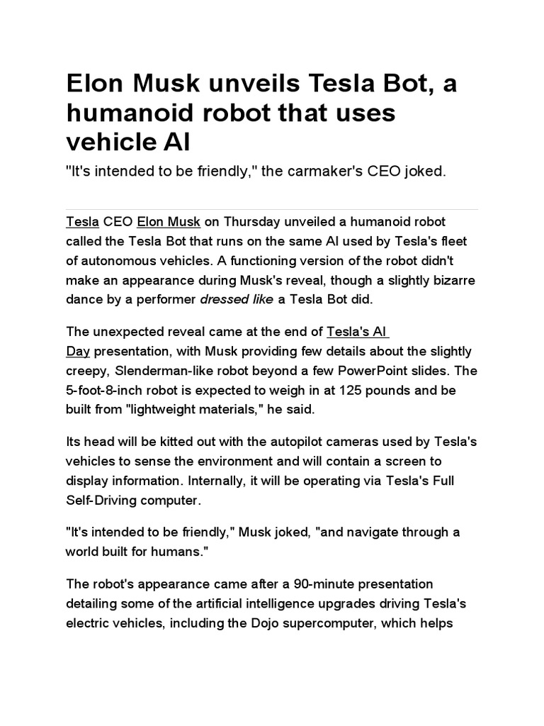 Elon Musk Unveils Tesla Bot 1 | PDF | Robot | Robotics