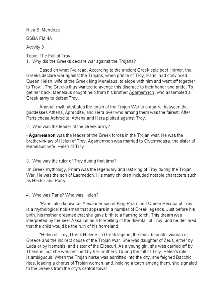 Activity 3 - Topic The Fall of Troy - World Literature | PDF | Paris ...