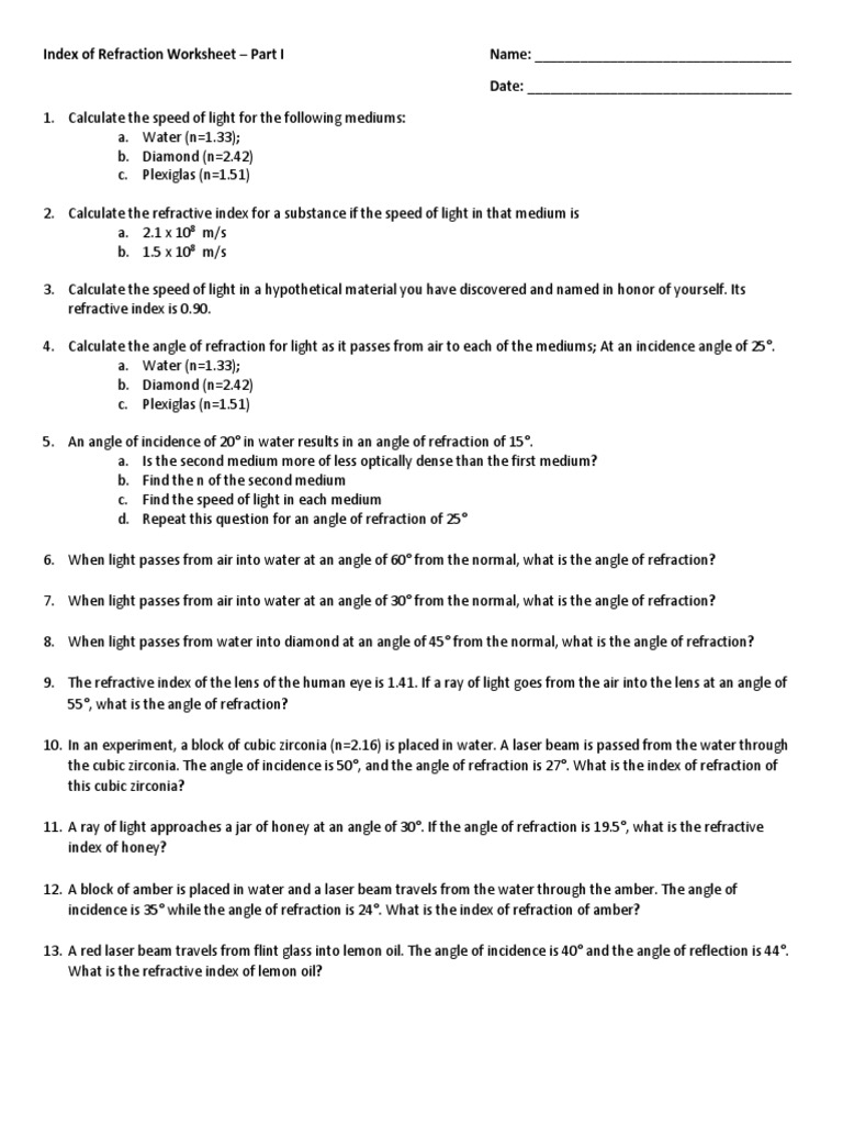 Index of Refraction Worksheet | PDF | Refraction | Refractive Index