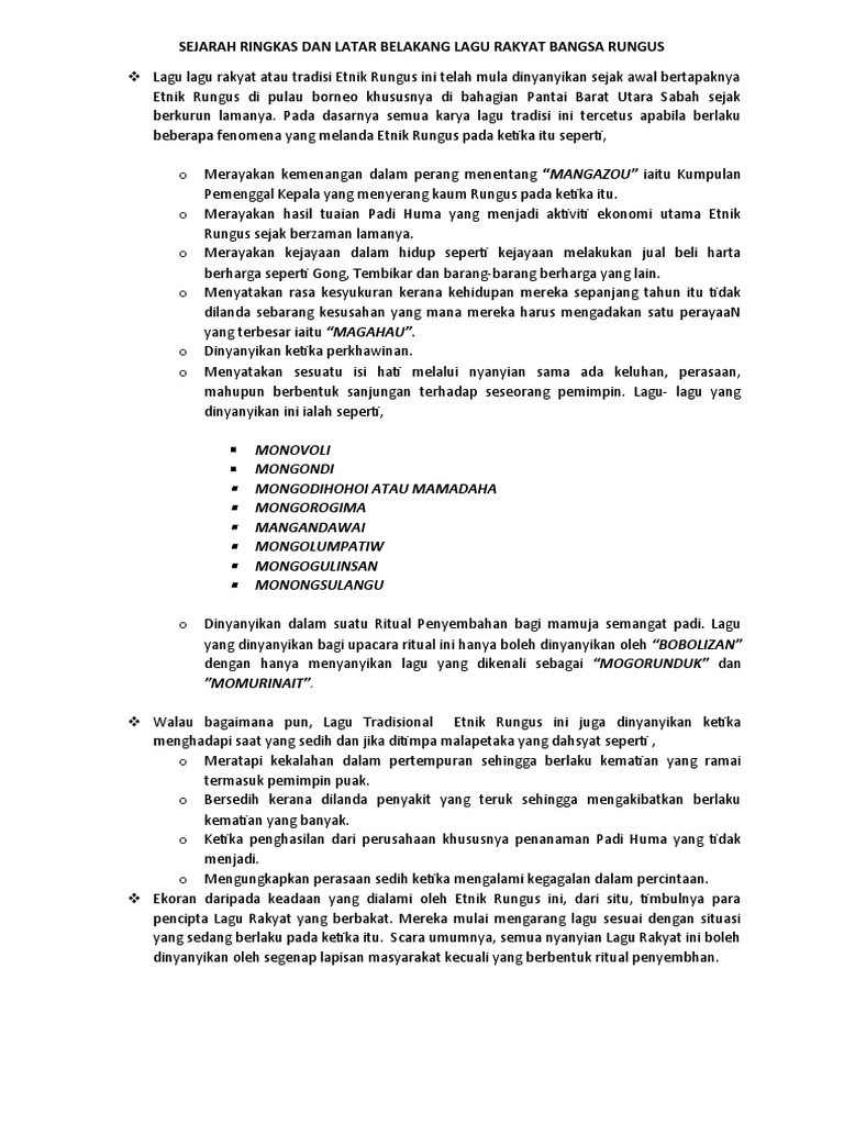 Sejarah Ringkas Dan Latar Belakang Lagu Rakyat Bangsa Rungus | PDF