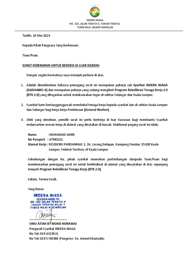 Surat Kerja Luar Daerah-Rtk 2.0-Muhamad Amin | PDF