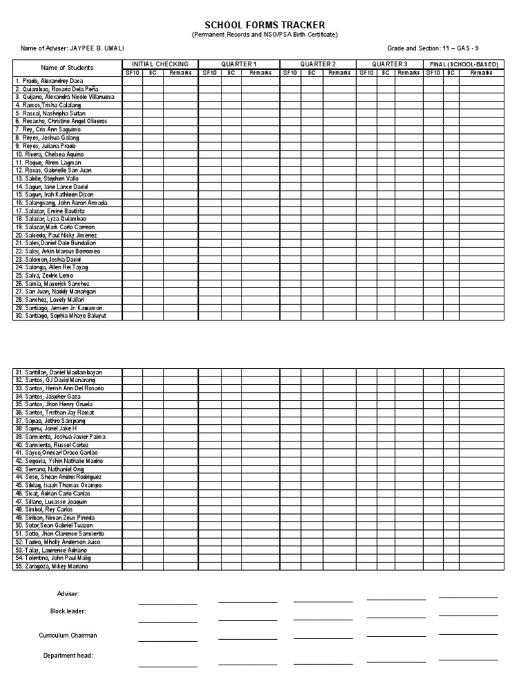 School Forms Tracker For Initial Checking | PDF