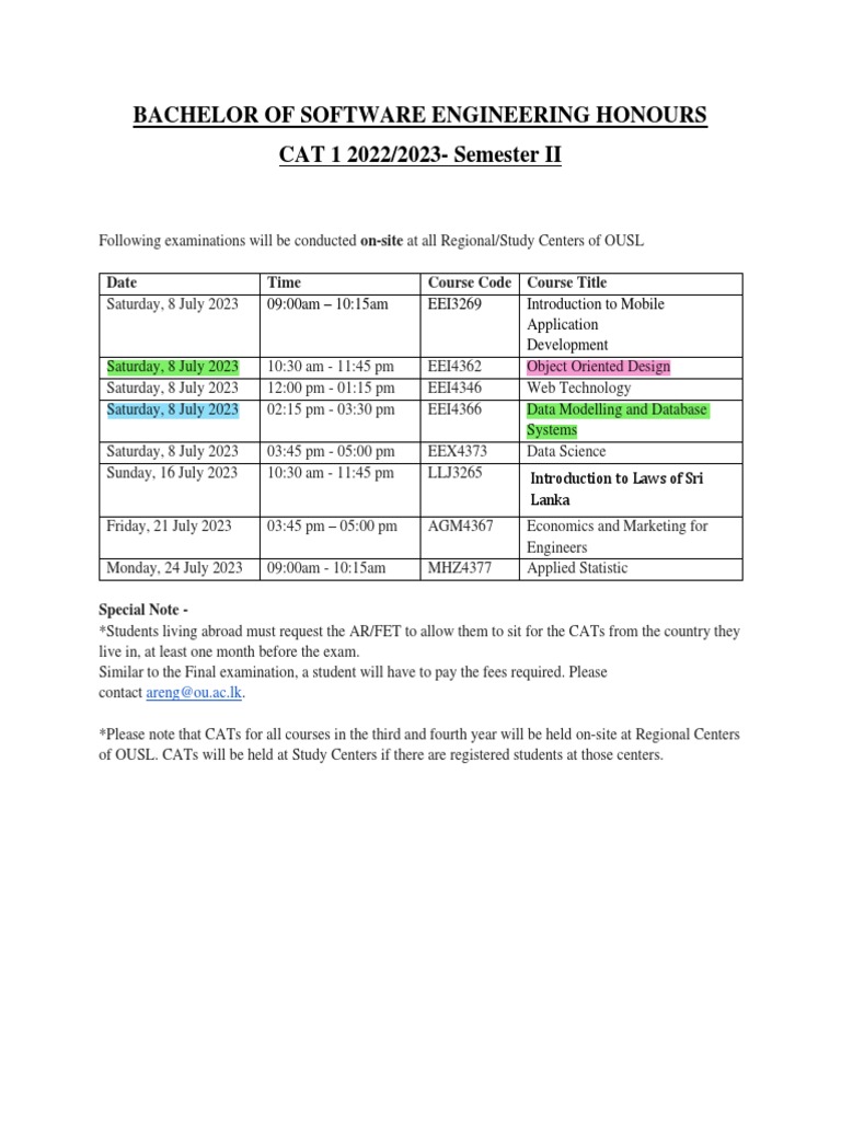 Exam Notice CAT 1 2022-2023 - Semester II | PDF
