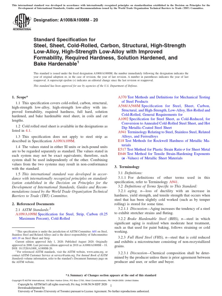 Astm A1008 2020 | PDF | Steel | Strength Of Materials