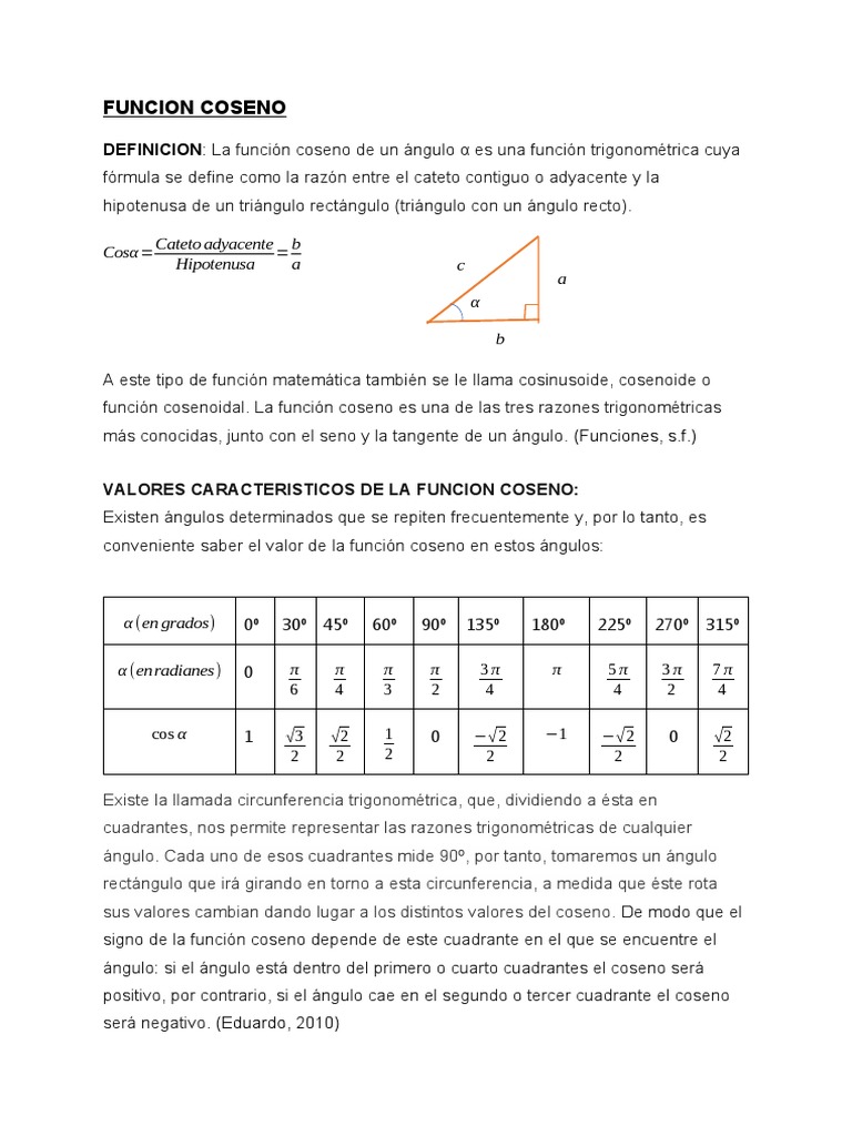 FUNCION COSENO | PDF | Funciones trigonométricas | Trigonometría
