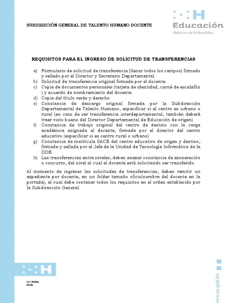 Requisitos para Tamite de Transferencias | PDF