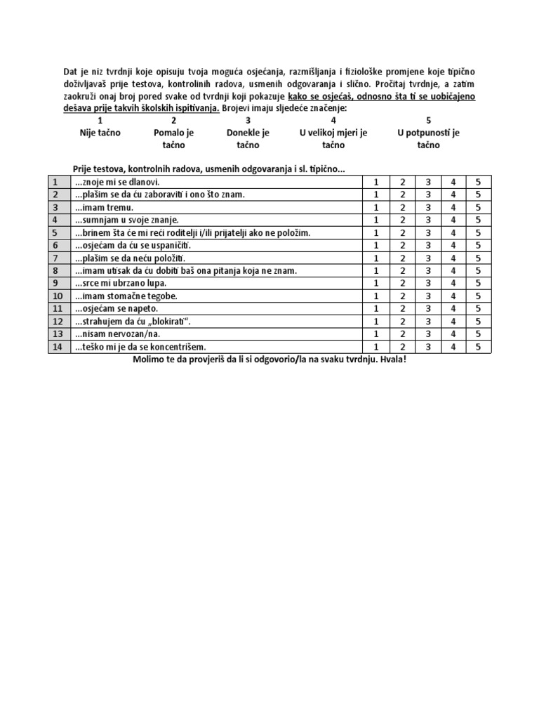 10 UTA Upitnik Testne Anksioznosti | PDF