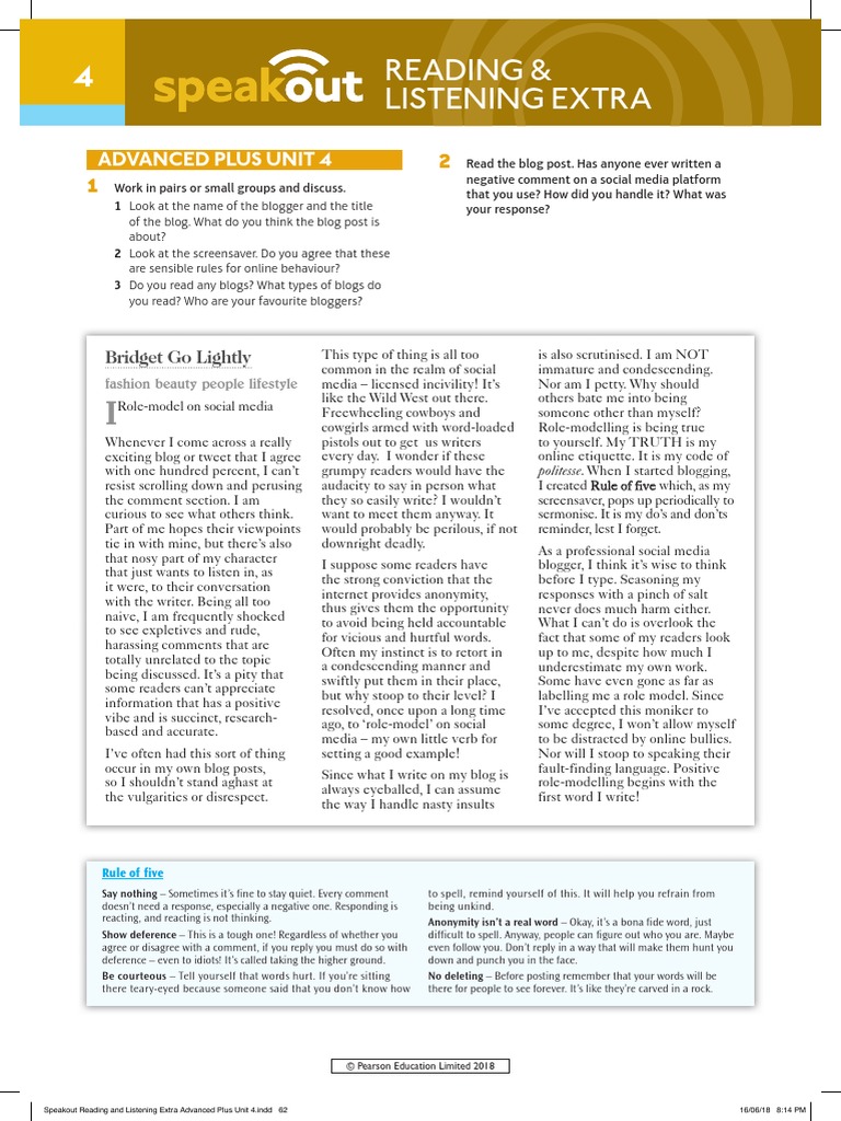 Speakout Reading and Listening Extra Advanced Plus Unit 4 | PDF | Blog ...