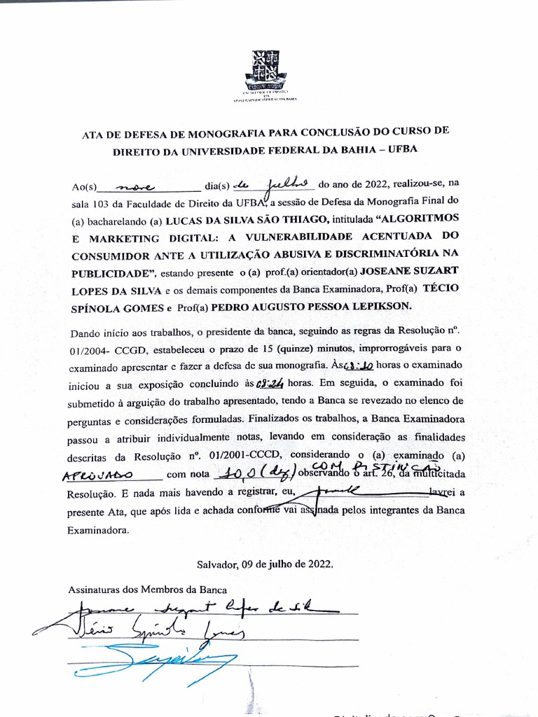 Ata de Defesa de Monografia | PDF