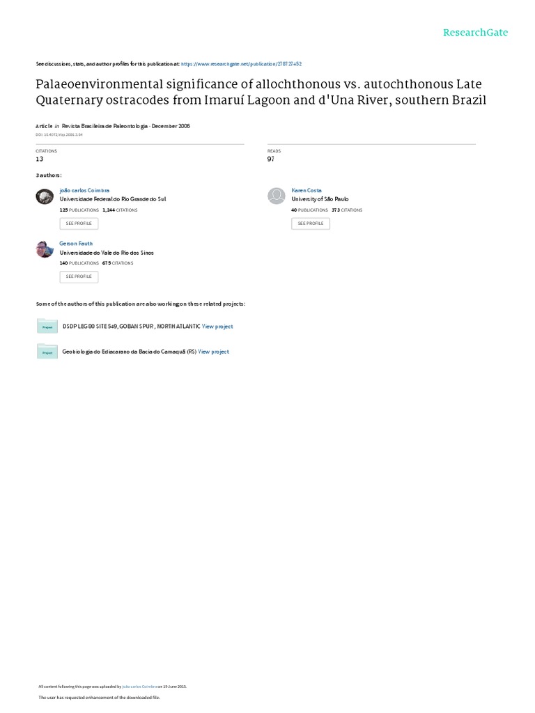 Palaeoenvironmental Significance of Allochthonous vs. Autochthonous ...