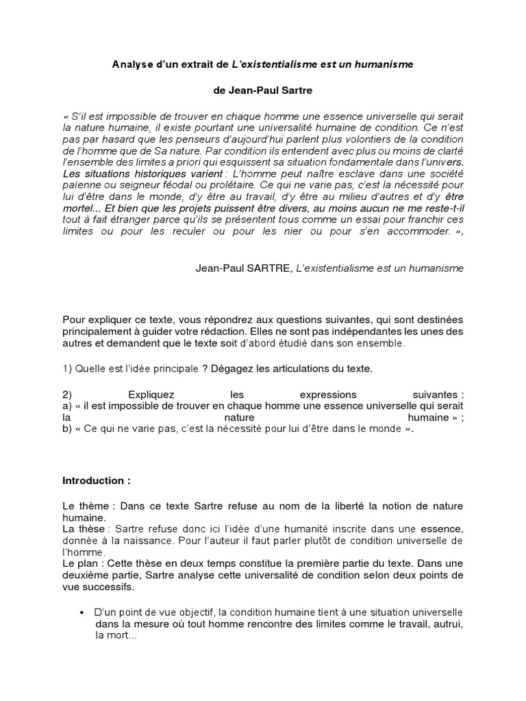 Analyse D'un Extrait de L'existentialisme Est Un Humanisme de Jean-Paul ...