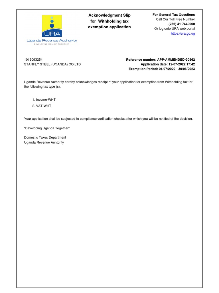 Withholding Tax Exemption Acknowledgment | PDF