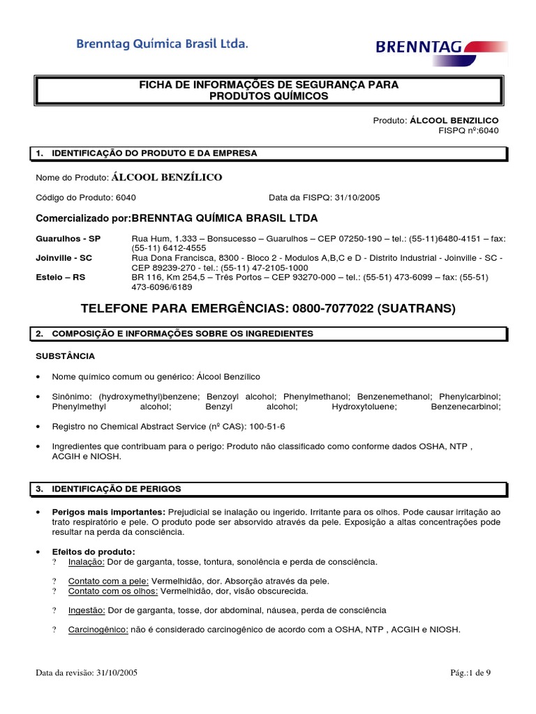 FISPQ-Alcool Benzilico | PDF | Embalagem e rotulagem | Desperdício