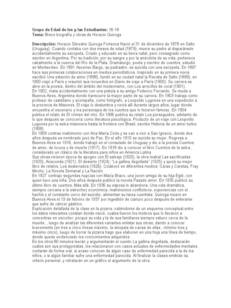 Biografía y Obras de Horacio Quiroga | PDF | Historia | Clásicos