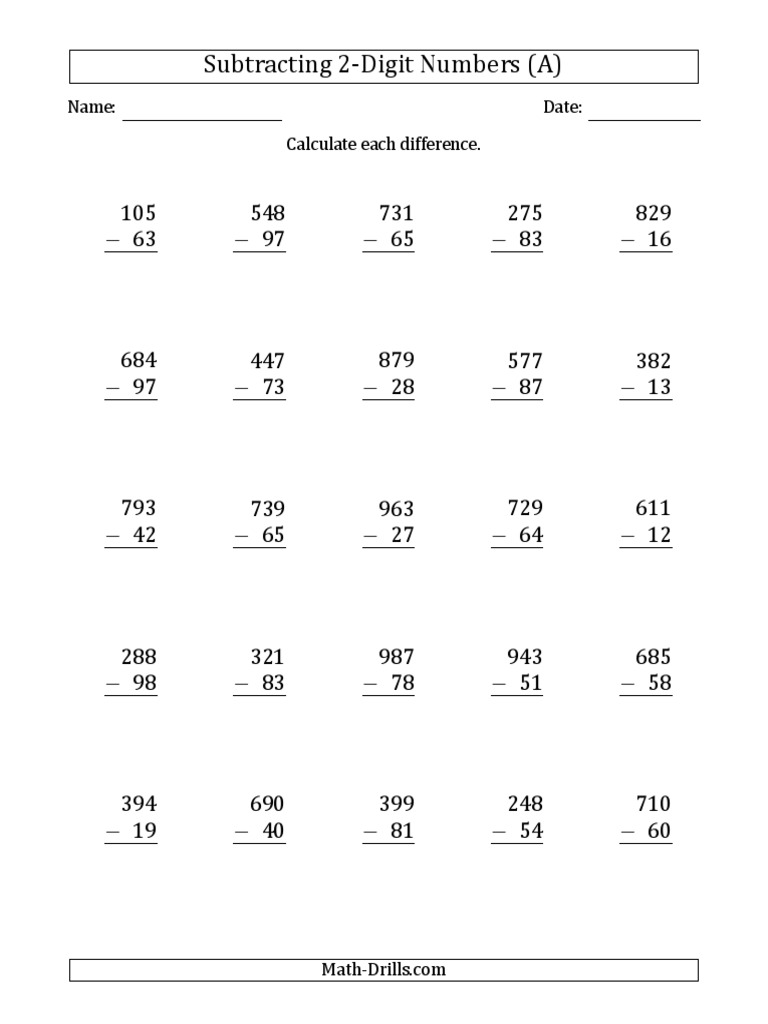 Subtraction Worksheet - 3-Digit Minus 2-Digit Subtraction | PDF