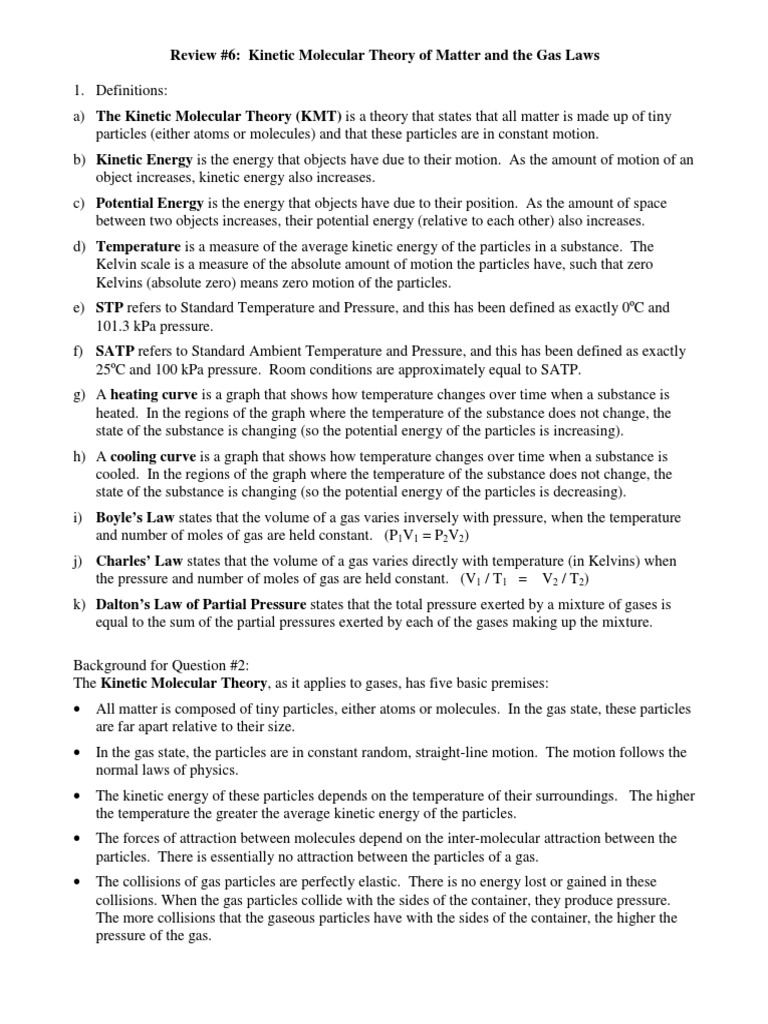 Review #6 (Answers) Kinetic Molecular Theory of Matter and The Gas Laws ...