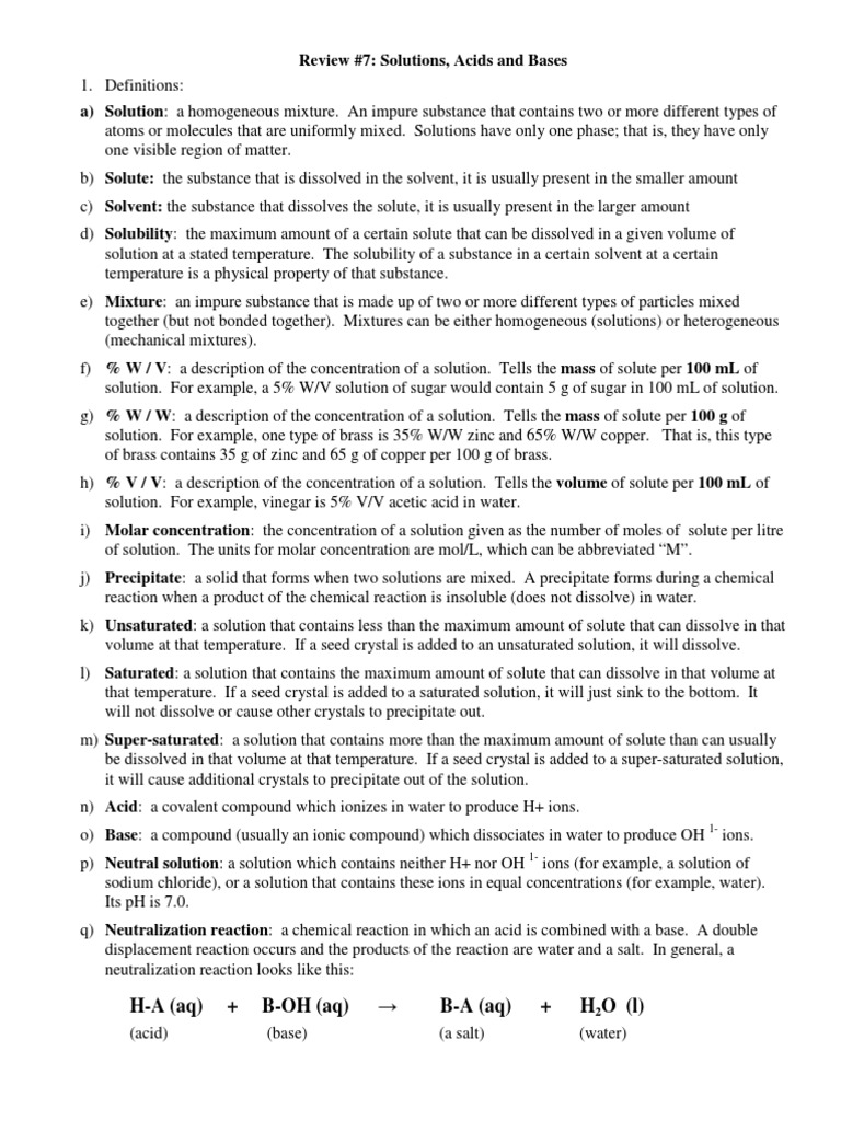 Review #7 (Answers) Solutions, Acids and Bases | PDF