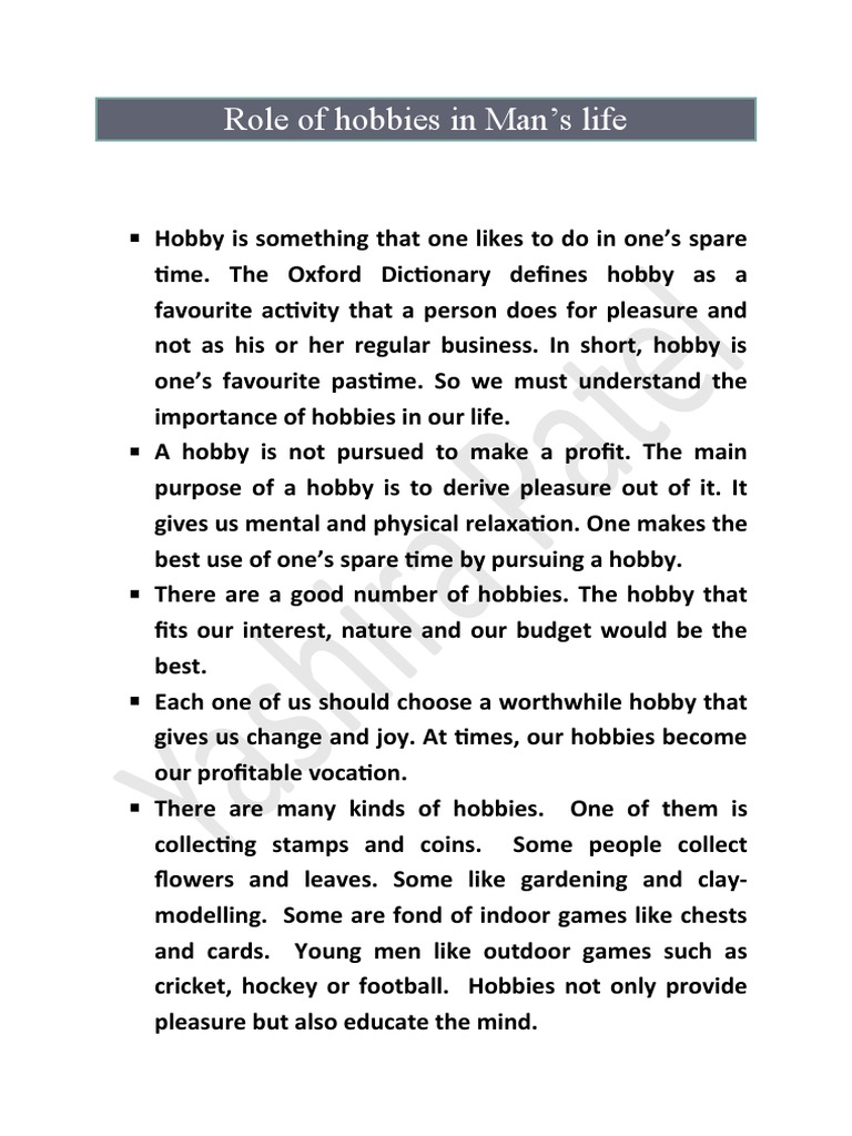 Role of Hobbies in Man | PDF | Sports & Recreation | Self-Improvement