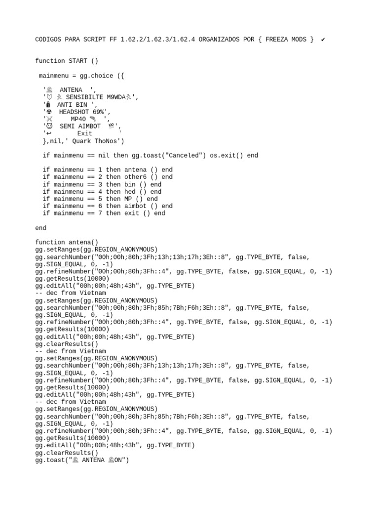 Códigos de Scripts FF 1.62.2,1.62.3,1.62.4 (Freeza Mods) | PDF