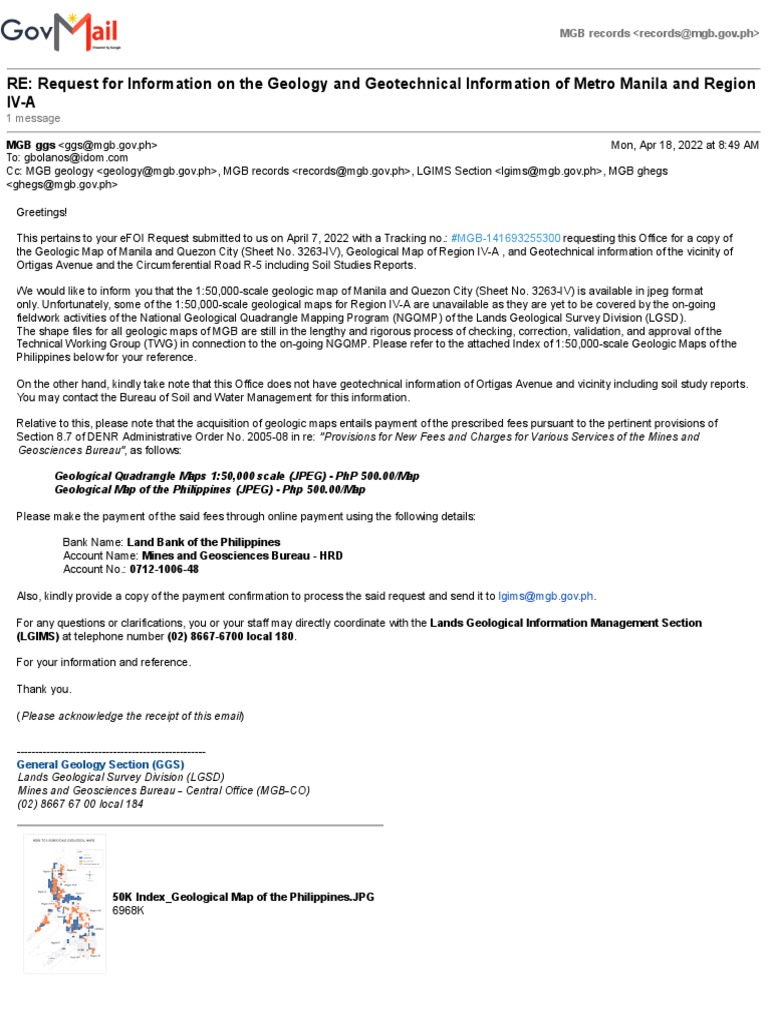 RE: Request For Information On The Geology and Geotechnical Information of Metro Manila and ...