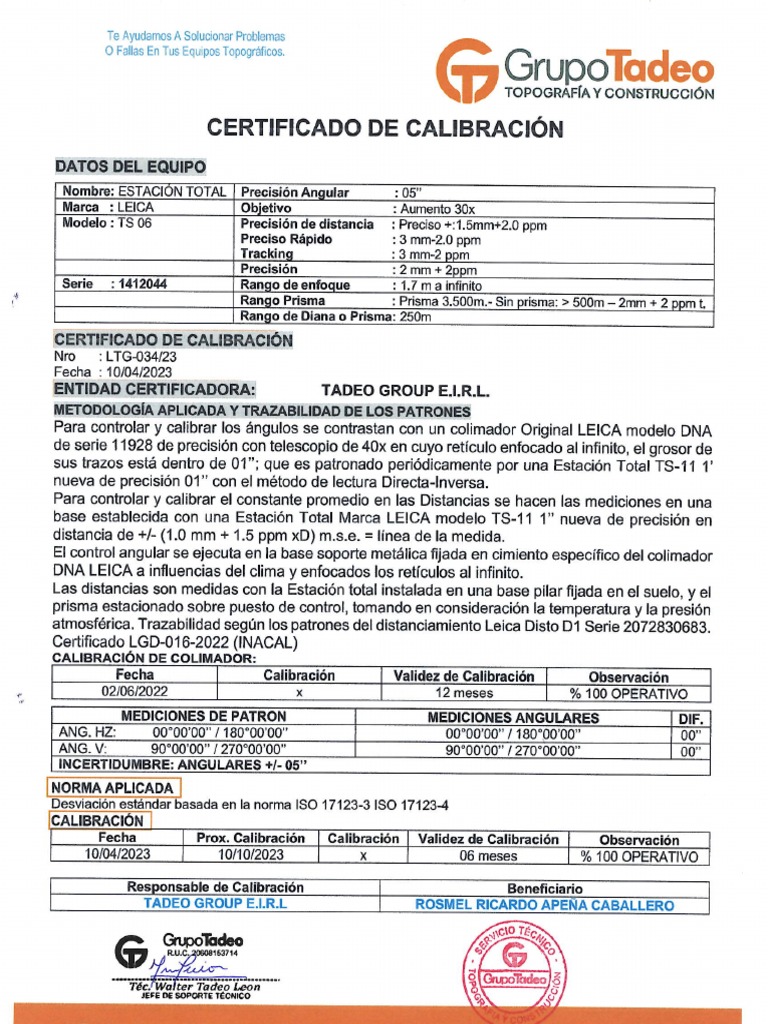 Cert. Calibracion Estacion Total | PDF