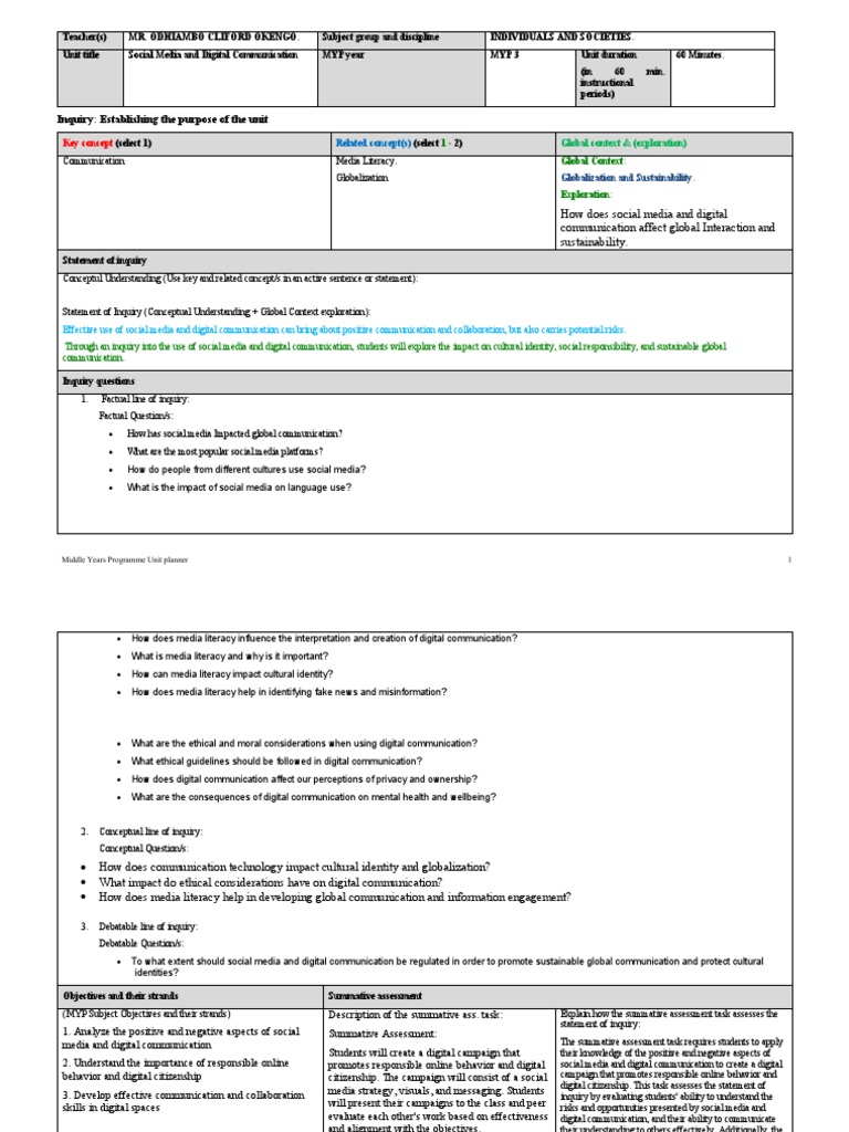 MYP 3 Unit Planner Template For This Workshop Updated | PDF